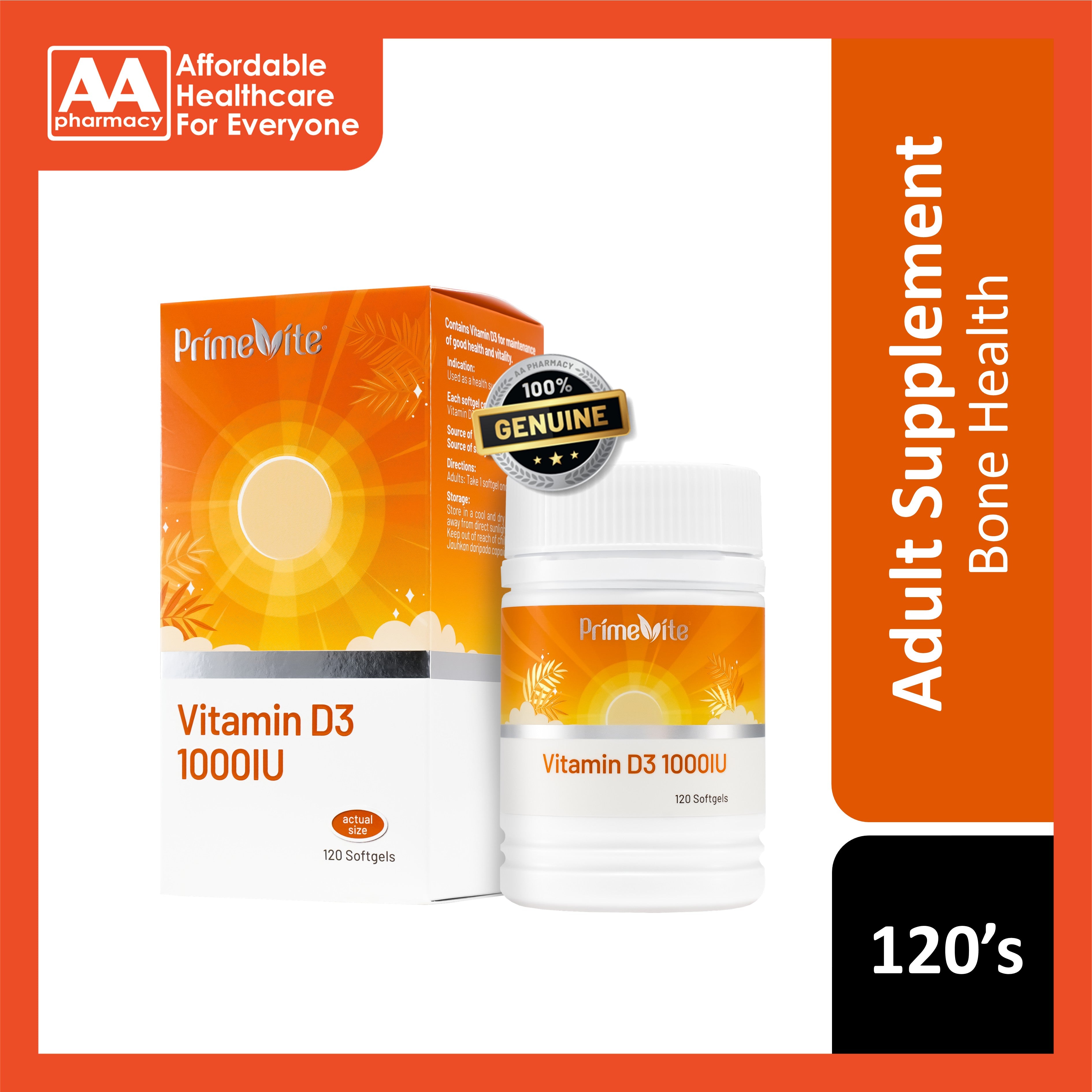 PrimeVite Vitamin D3 1000IU Softgel 120's – AA Pharmacy