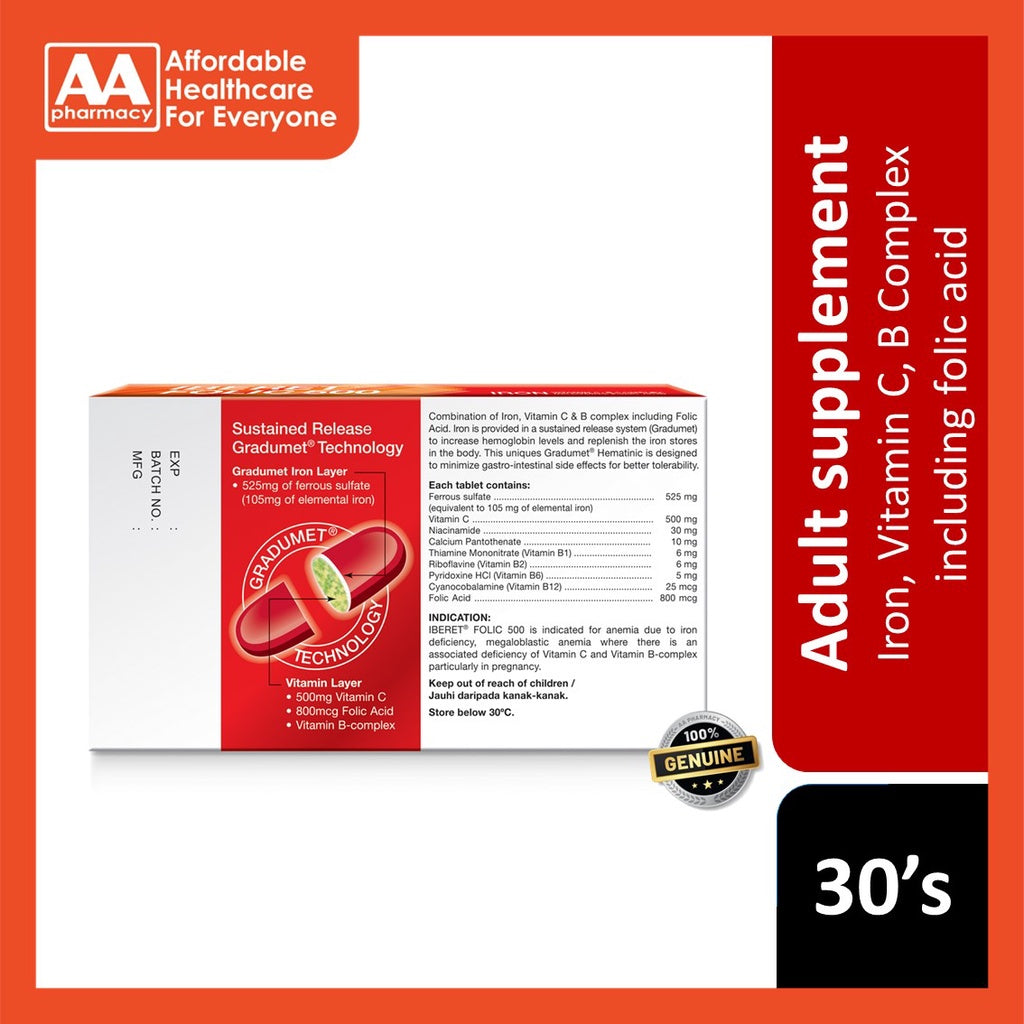 Iberet Folic 500 Film Coated Tablet 30's – AA Pharmacy