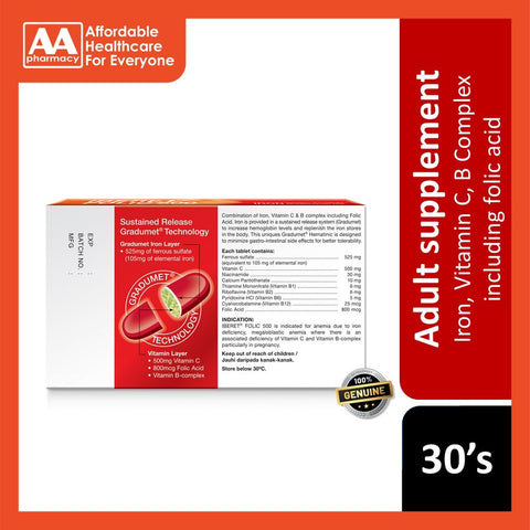 Iberet Folic 500 Film Coated Tablet 30's – AA Pharmacy